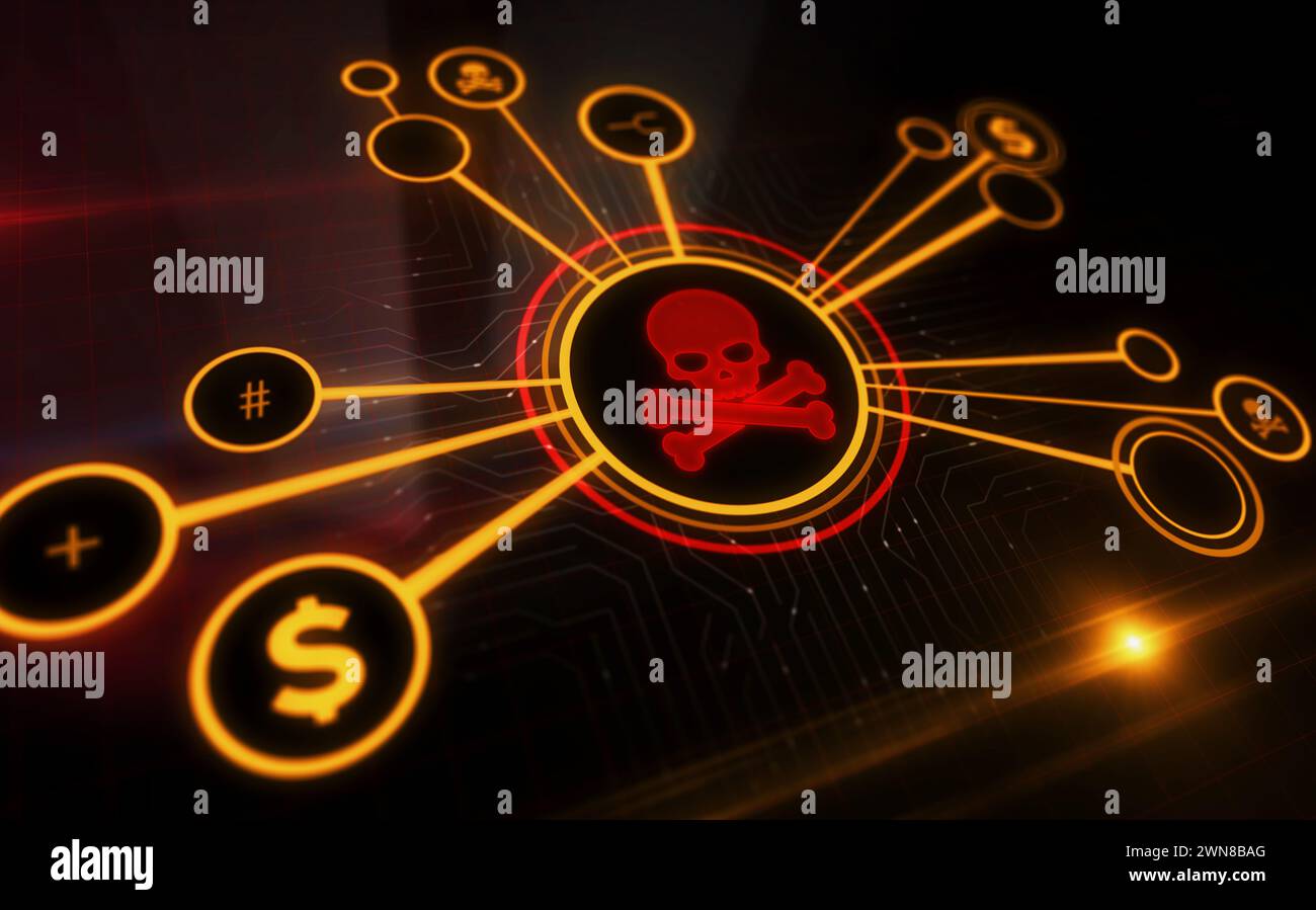 Cyberattack piracy and security breach with skull symbol digital concept. Network, cyber ...