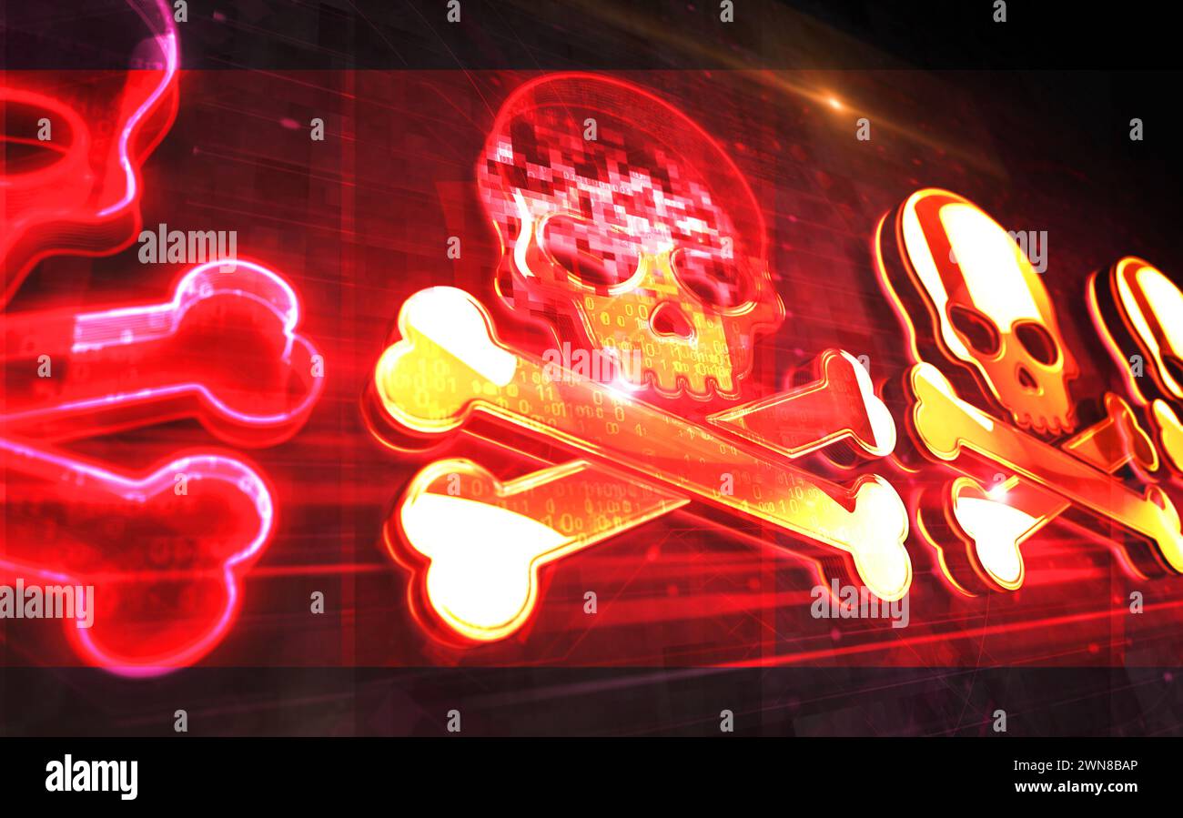 Cyberattack piracy and security breach with skull symbol digital ...