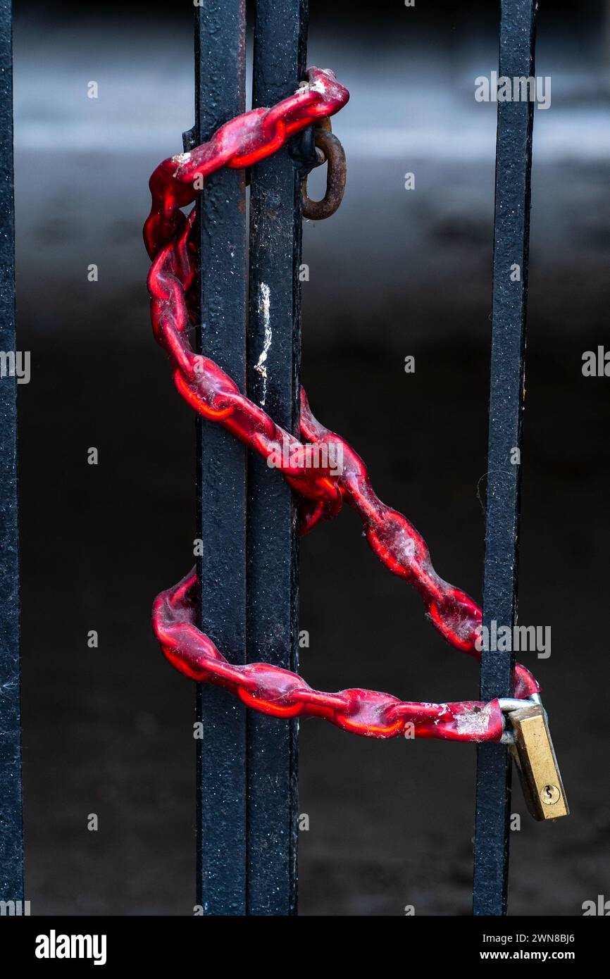Locked in time. Metal black door red color chained and golden padlocked ...