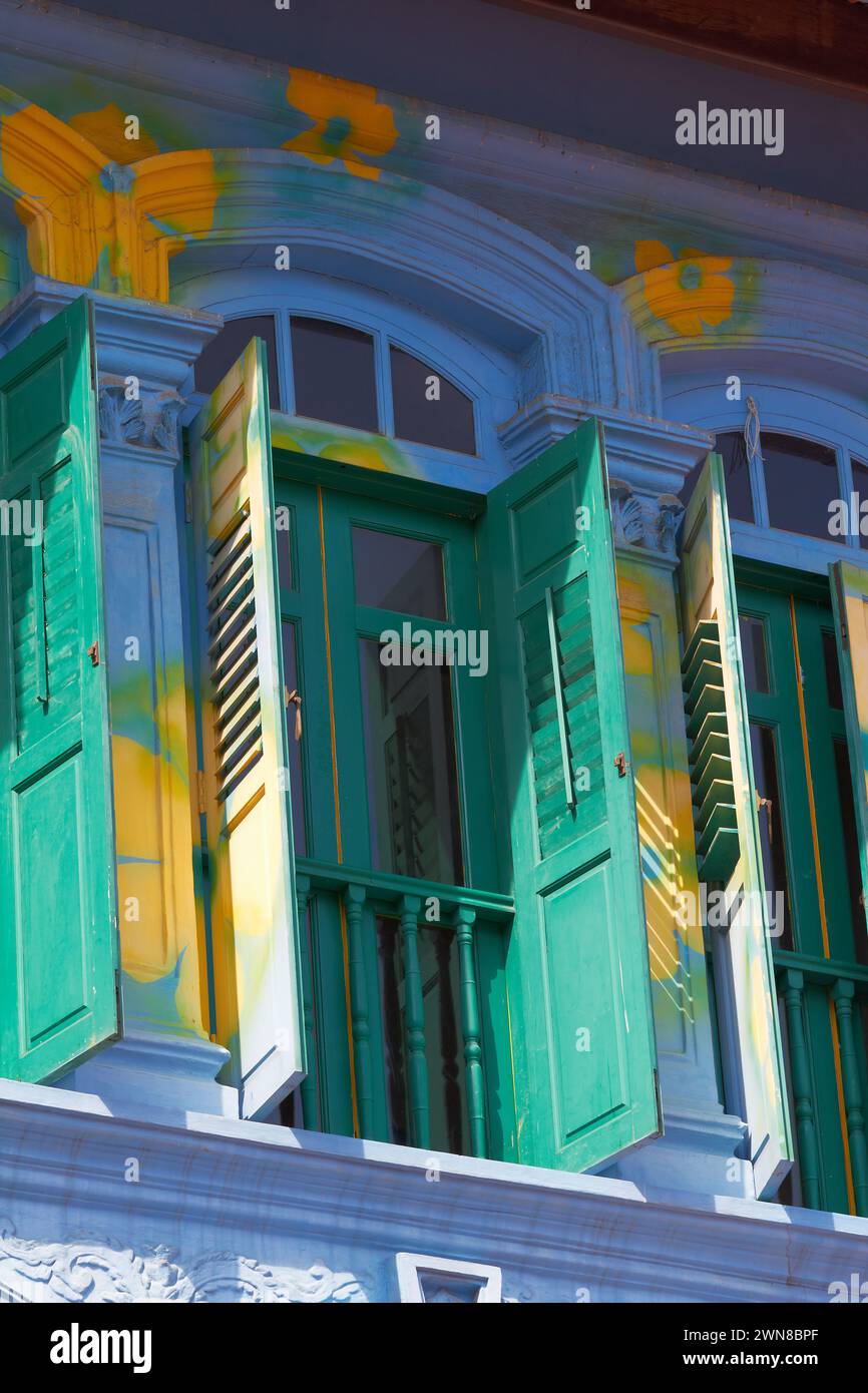 Colorful, window and paint with home exterior, balcony design or ...