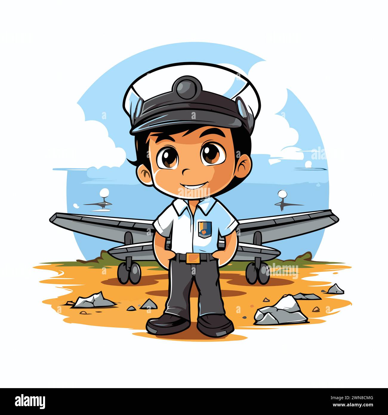 Cartoon pilot in uniform with airplane on background. Vector ...