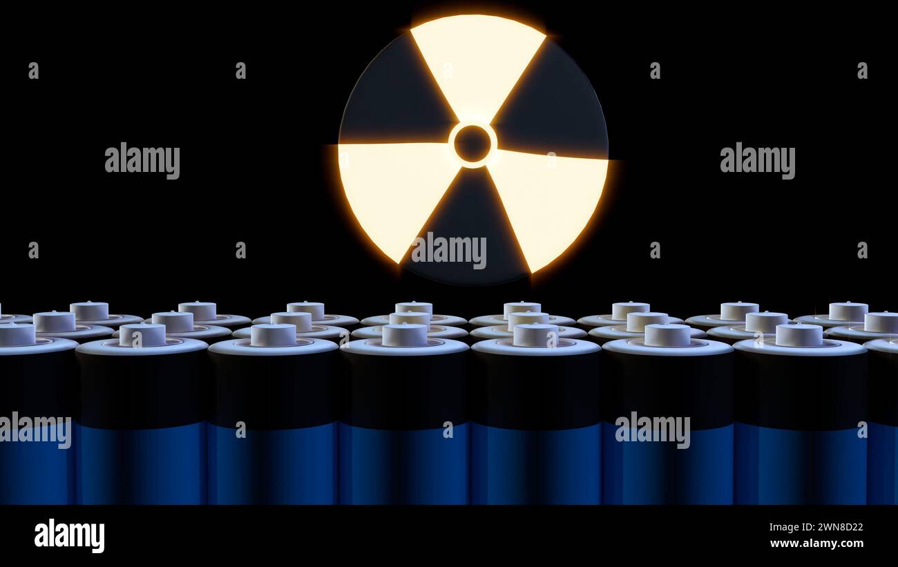 3d rendering of glowing nuclear symbol and batteries Stock Photo - Alamy