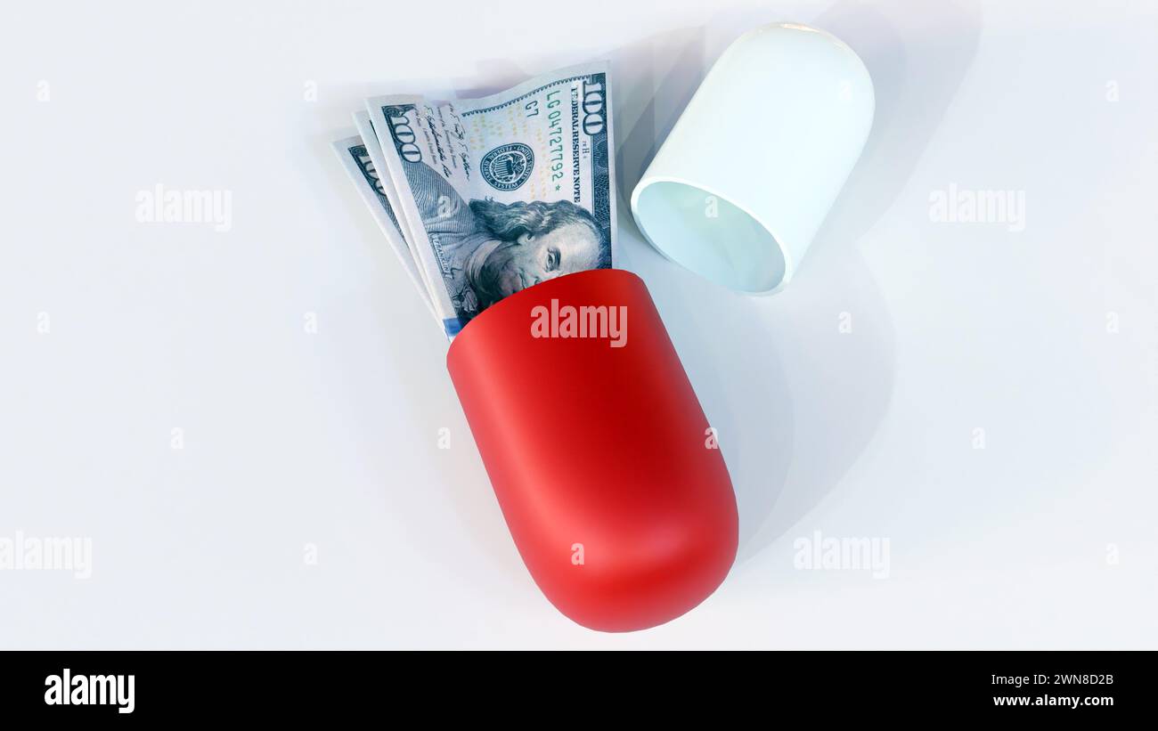 3d rendering of hundred dollar bills and a drug capsule Stock Photo - Alamy