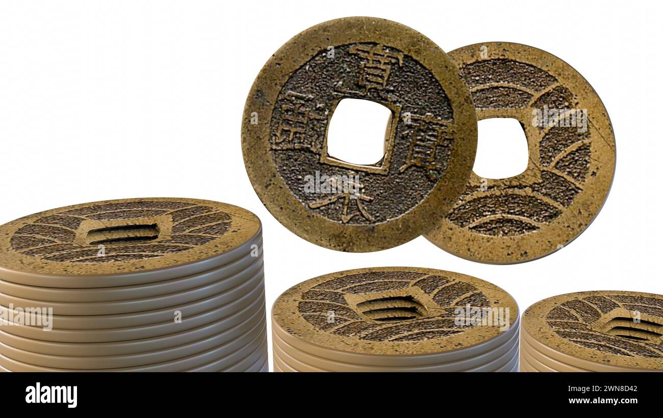 3d rendering of Japanese mon currency and these are worth 4 mon Stock ...