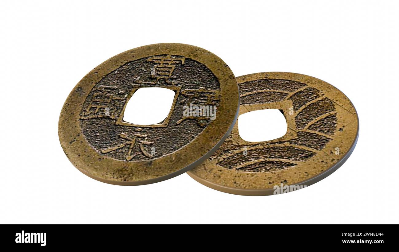3d rendering of Japanese mon currency and these are worth 4 mon Stock ...