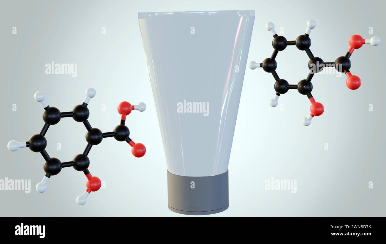 3d rendering of salicylic Acid molecules and facial soap container ...