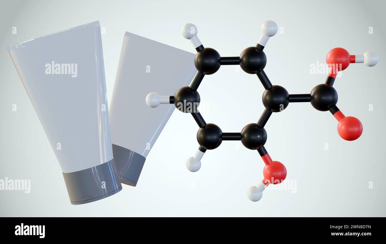 3d rendering of salicylic Acid molecules and facial soap container ...