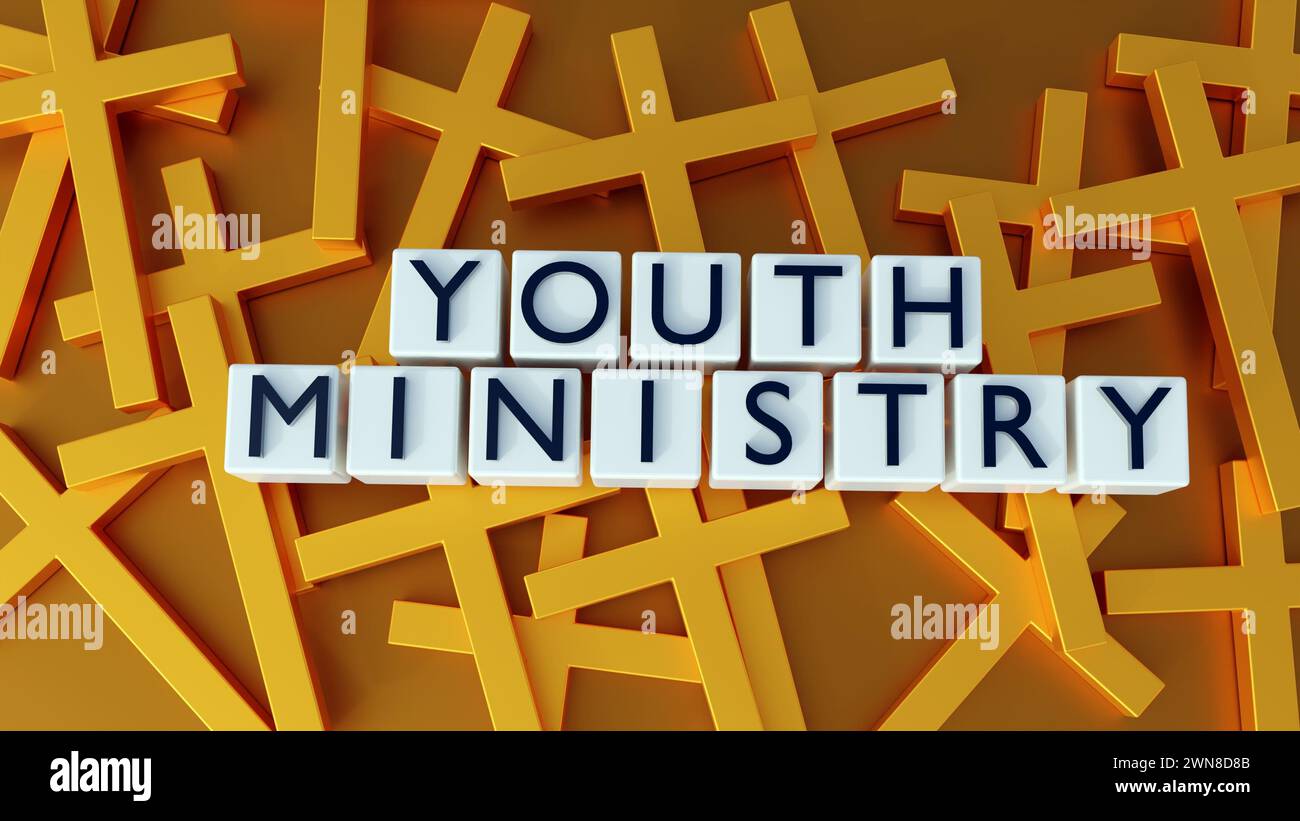 3d rendering of Youth ministry words on the white background with gold ...