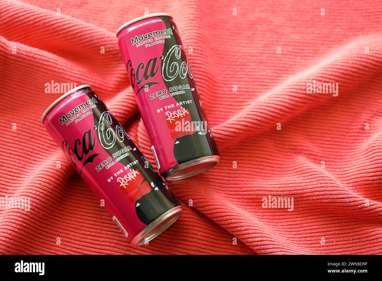 KYIV, UKRAINE - JULY 7, 2023 Coca-Cola zero sugar can with Rosalia ...