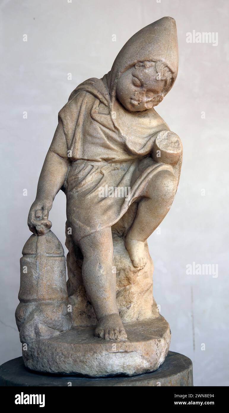 Statuette of a sleeping child (Cucullus) with a lamp. White marble. 1st ...