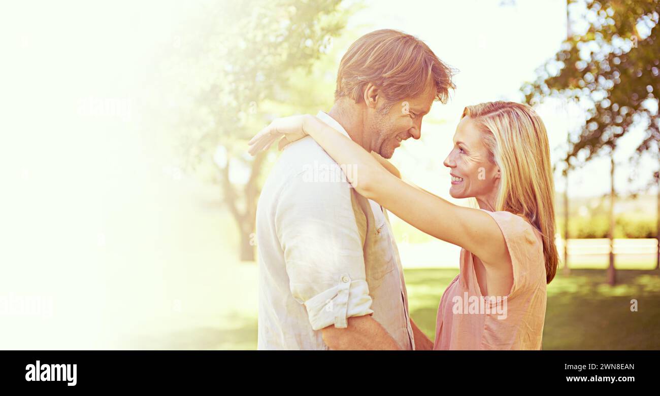 Morning, love and couple hug in park for bonding, happy relationship ...