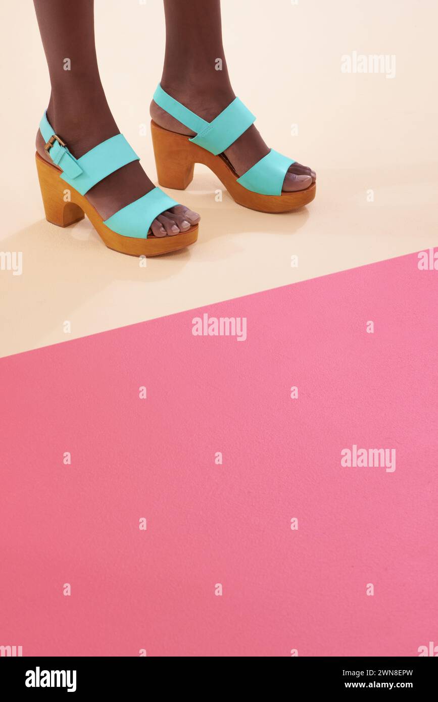 Female model, shoes and high heels for feet, floor and fashion with ...