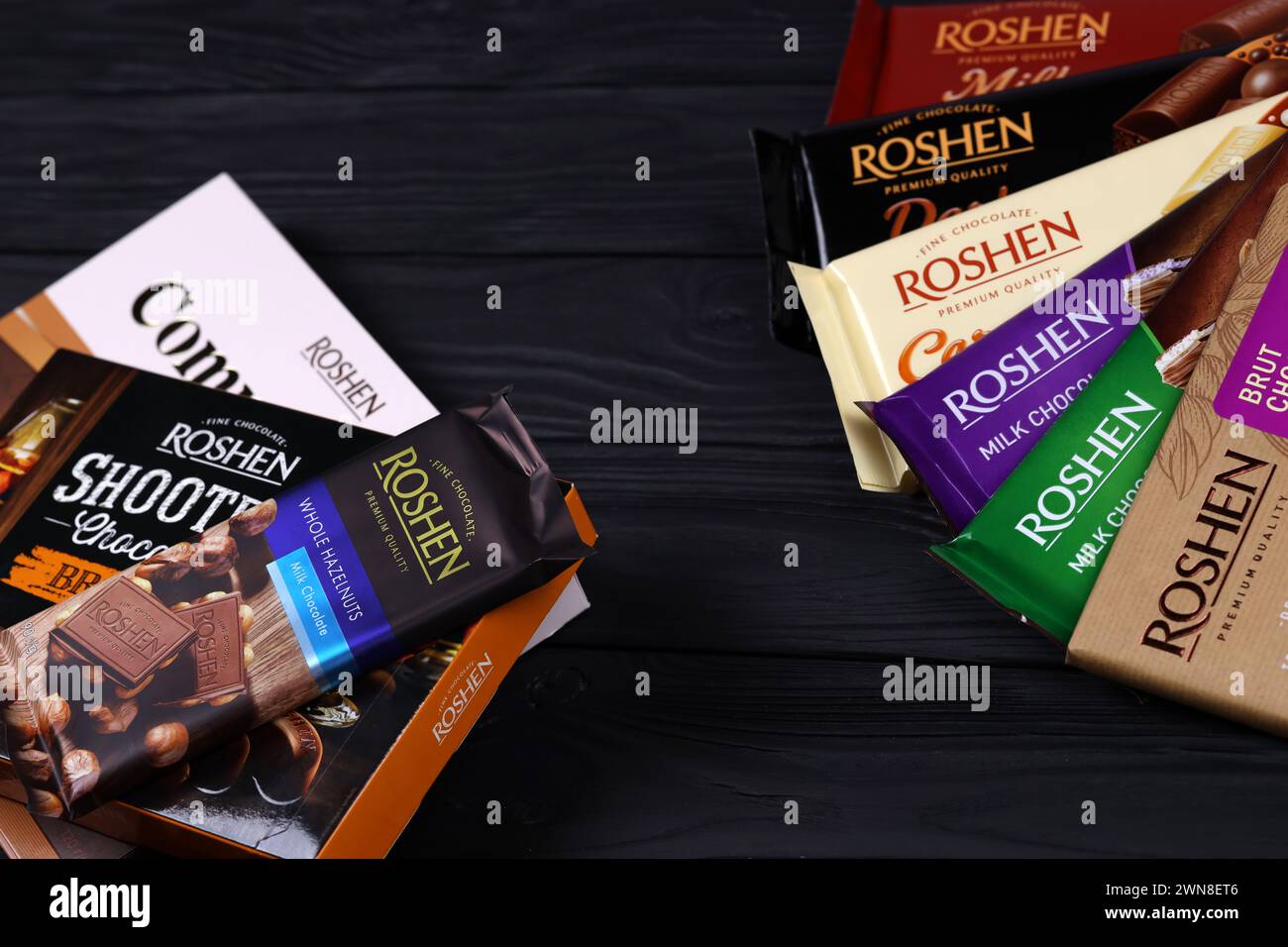 KHARKIV, UKRAINE - JANUARY 2, 2021 Roshen chocolate production. Roshen ...