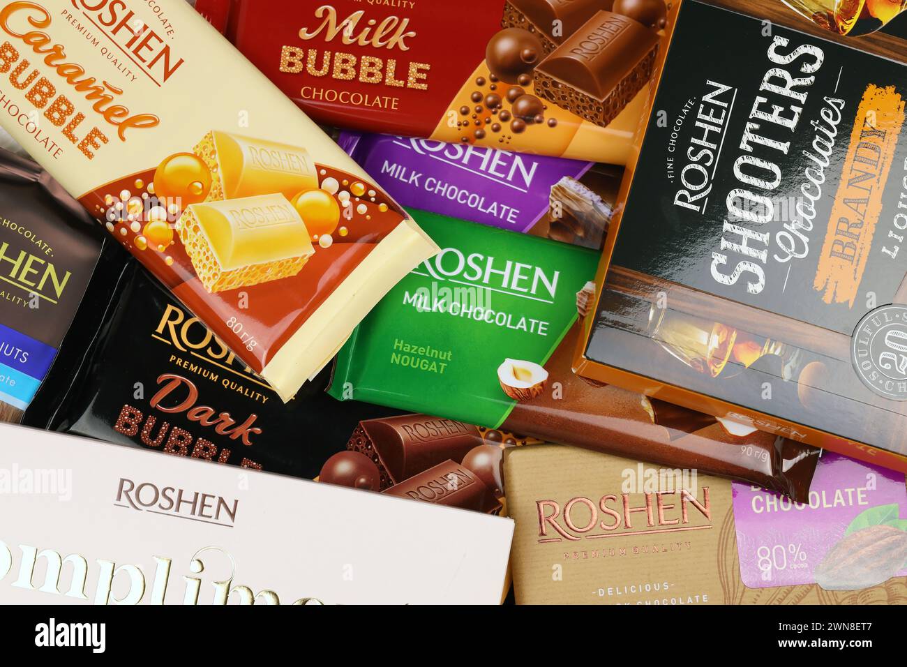 KHARKIV, UKRAINE - JANUARY 2, 2021 Roshen chocolate production. Roshen ...