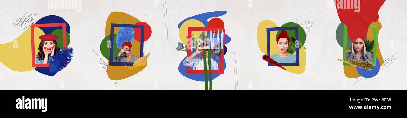 Creative panoramic photo young woman man emotional reactions amazed red ...