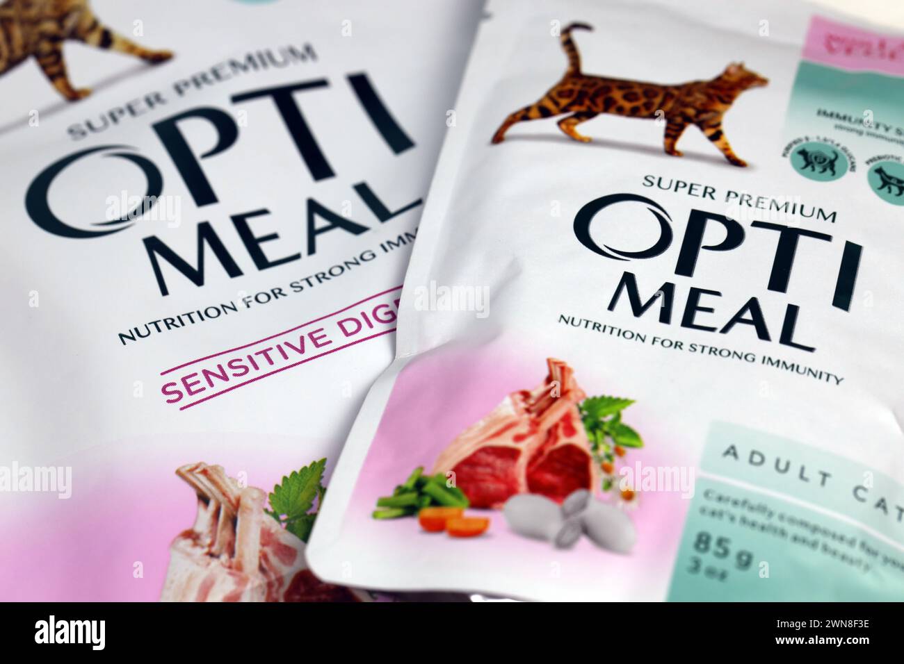 KHARKIV, UKRAINE - JANUARY 2, 2021 Optimeal cat meal packs. Optimeal is ...