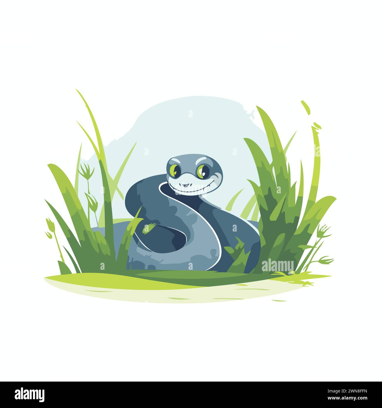 Cute cartoon snake in the grass. Vector illustration on white ...
