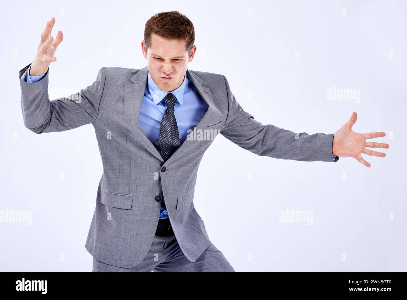 Businessman, studio and angry or mad mockup for problem or company ...