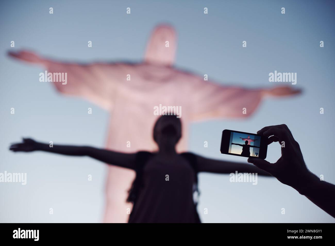 Jesus, woman or photo of tourist, statue or sculpture for travel ...