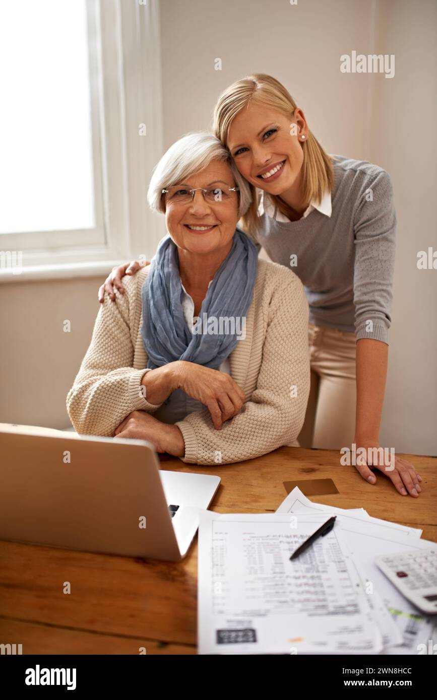 Senior woman, daughter and portrait with laptop and notes for budget ...