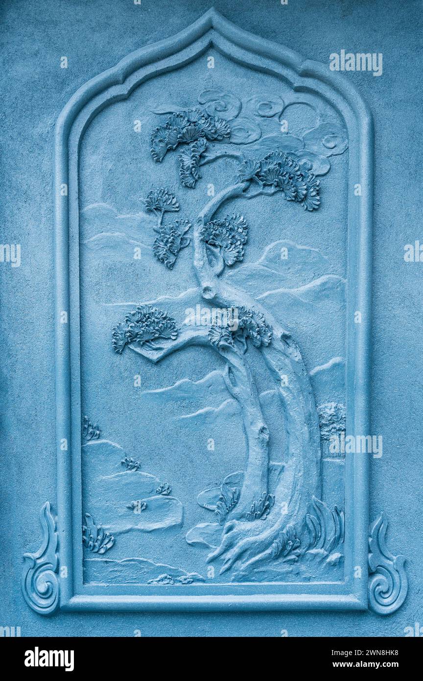 Vietnamese, Chinese stone tree relief, sculpture in a pale blue colour ...