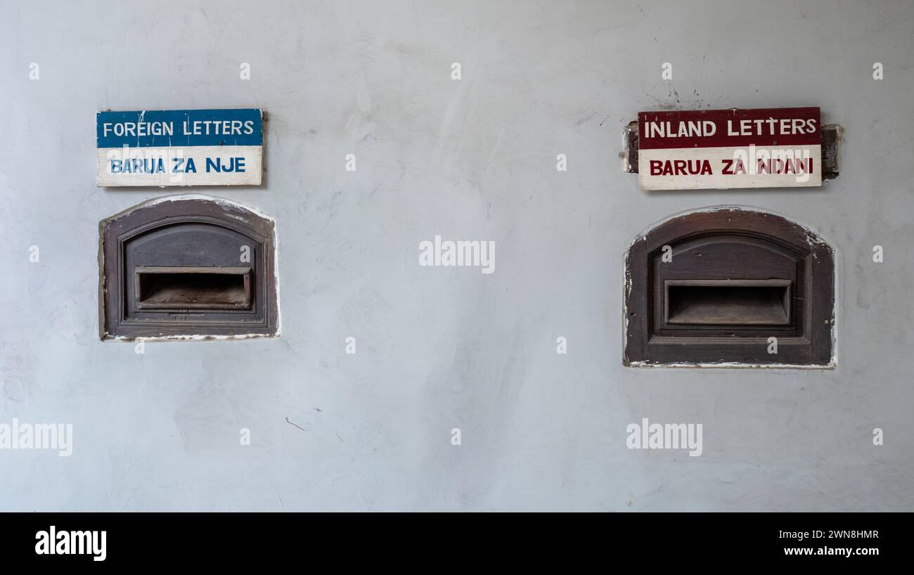 Letter boxes for international and domestic mail outside the Stone Town ...