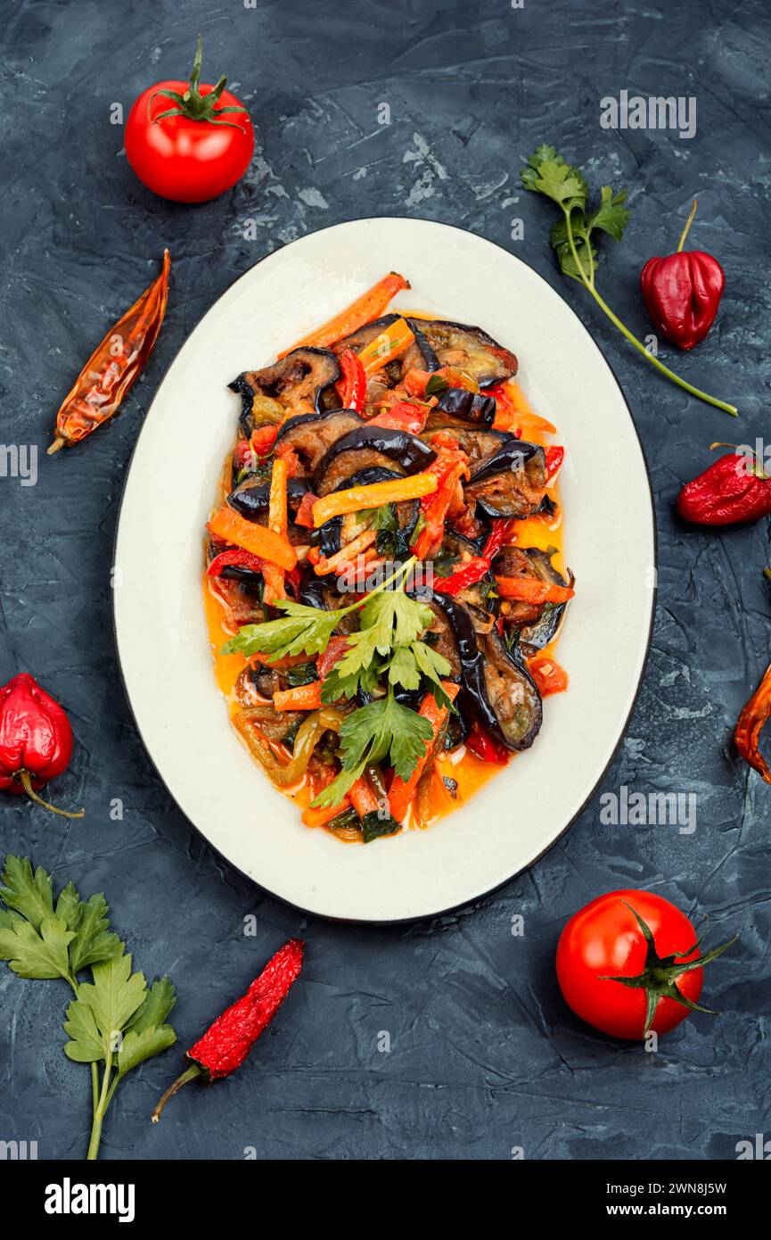 Vegetable saute with eggplant. Vegetarian food, vegetable stew. Flat ...