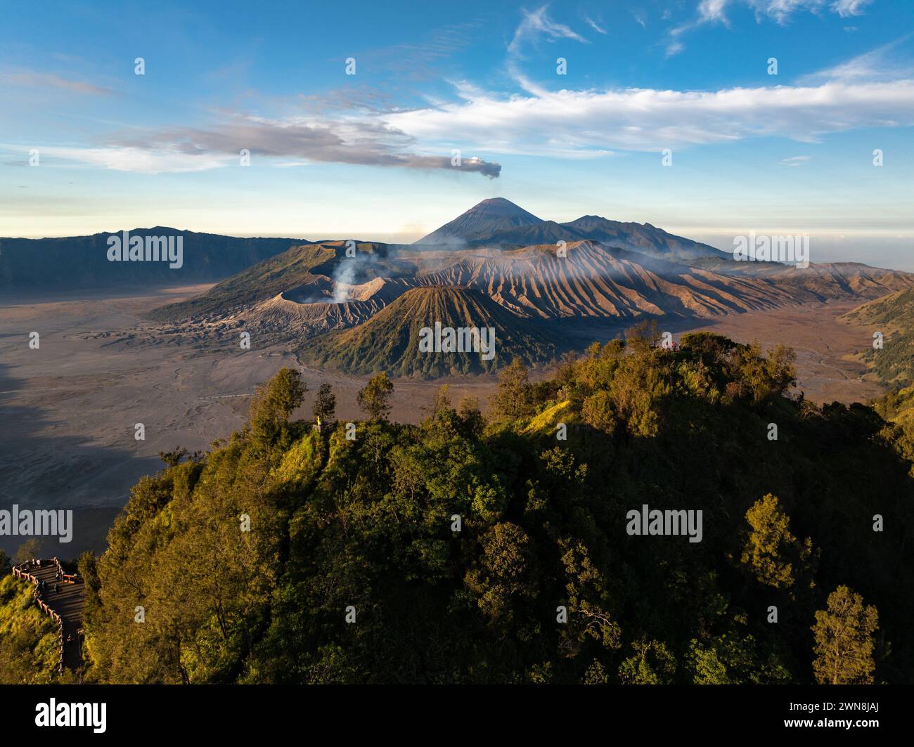 Aerial drone view of Bromo active volcano with Kingkong hill viewpoint ...