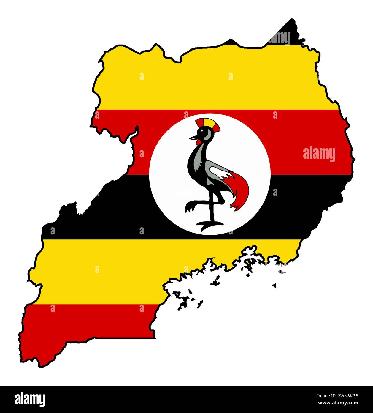 Uganda outline silhouette map with the national flag over a white ...