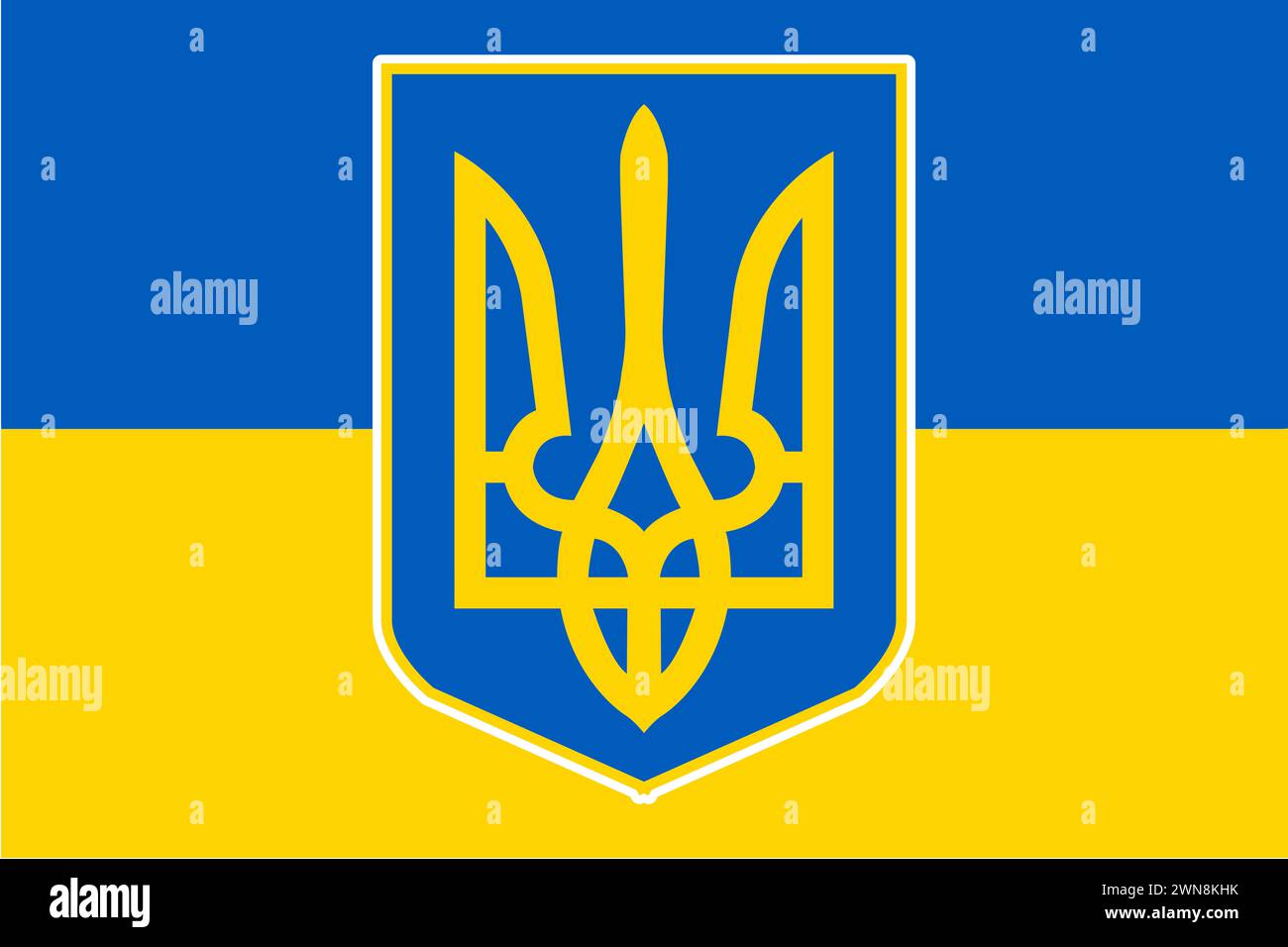 The flag of Ukraine in blue and yellow stripes with the national coat ...