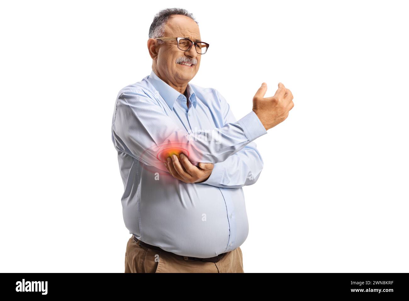 Mature man experiencing pain in elbow with red infmaled spot isolated ...