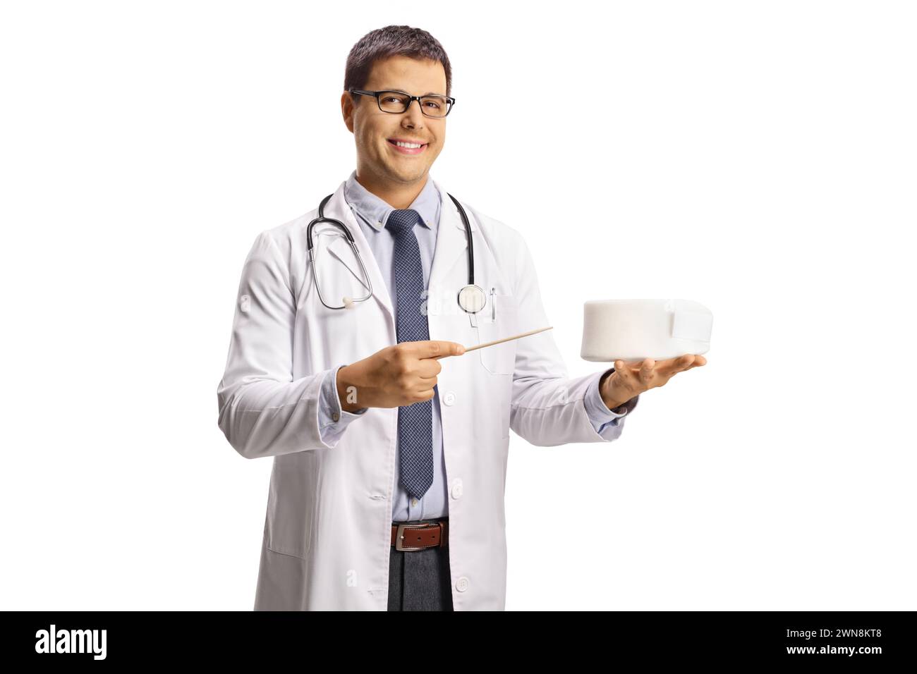 Male doctor holding a cervical orthopaedic collar and pointing with a ...