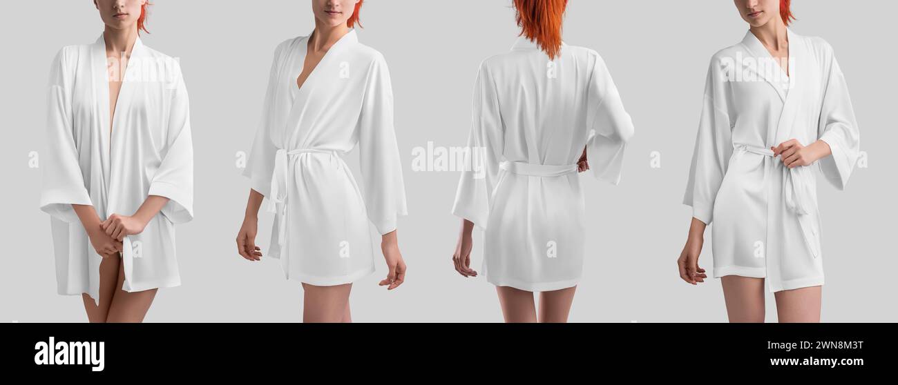 Mockup of silk white robe on slender girl, set of stylish home clothes ...