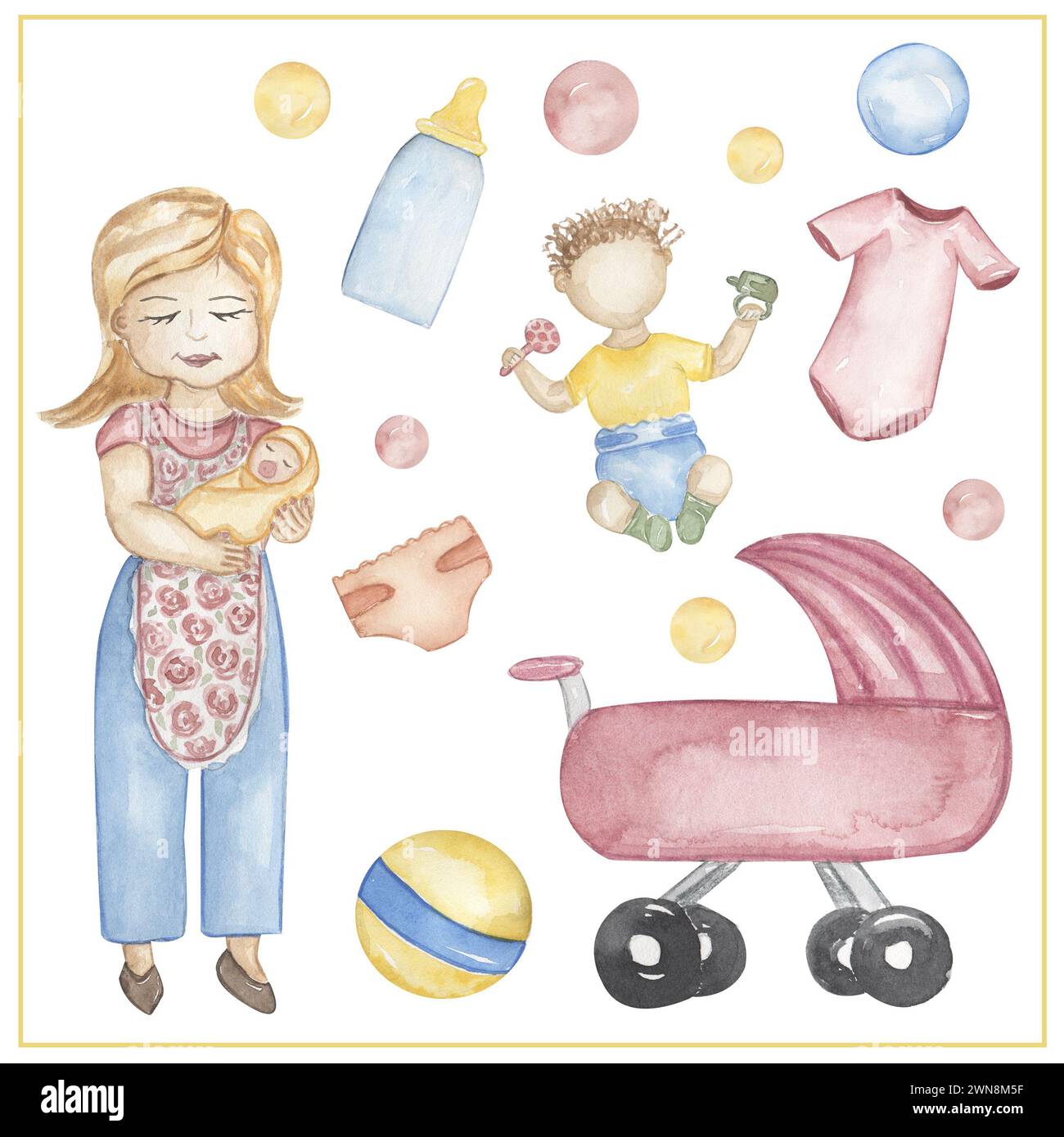 Watercolor Nanny clipart, hand drawn illustration. Nanny working with ...