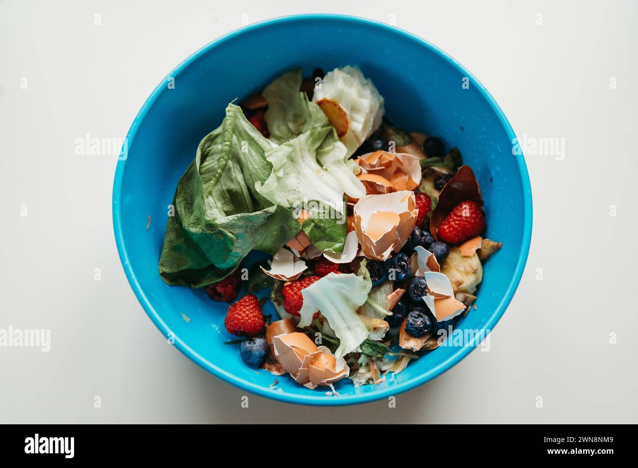 Blue bowle of food waste fruit and vegetables on a white table Stock ...
