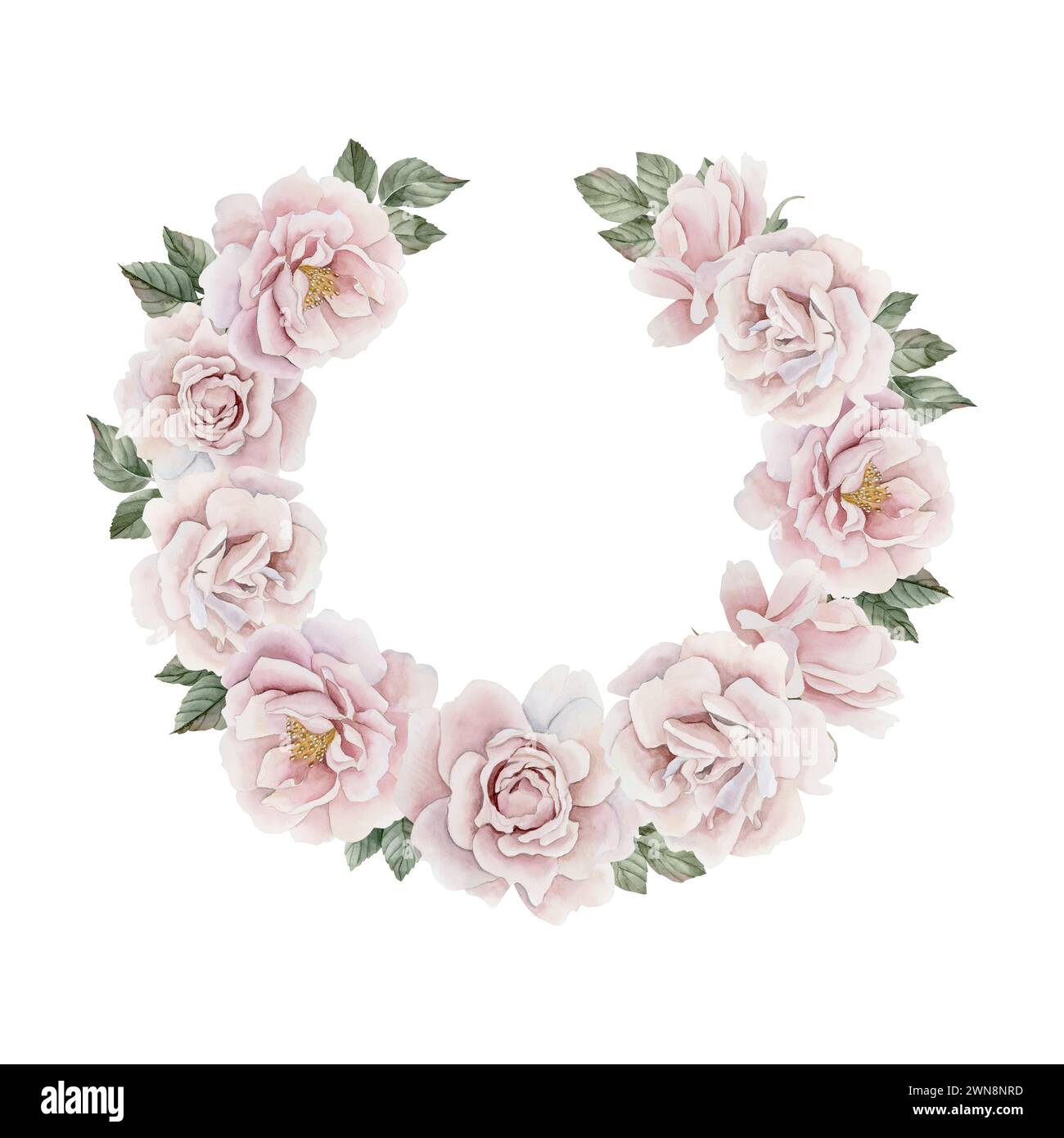 Composition of pink rose hip flowers with leaves, horseshoe shape ...