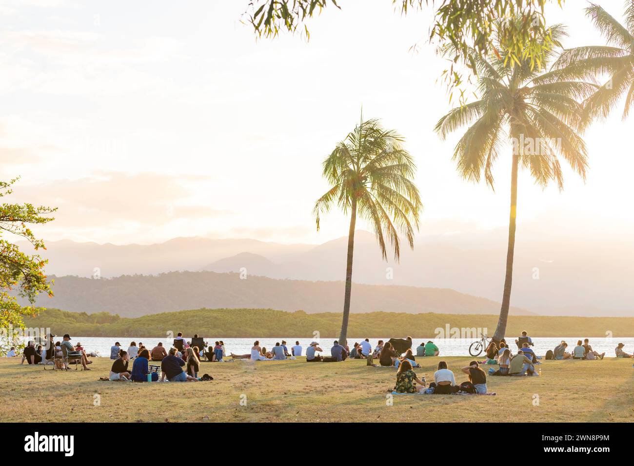 People gathered in the late afternoon at the palm tree lined park at ...