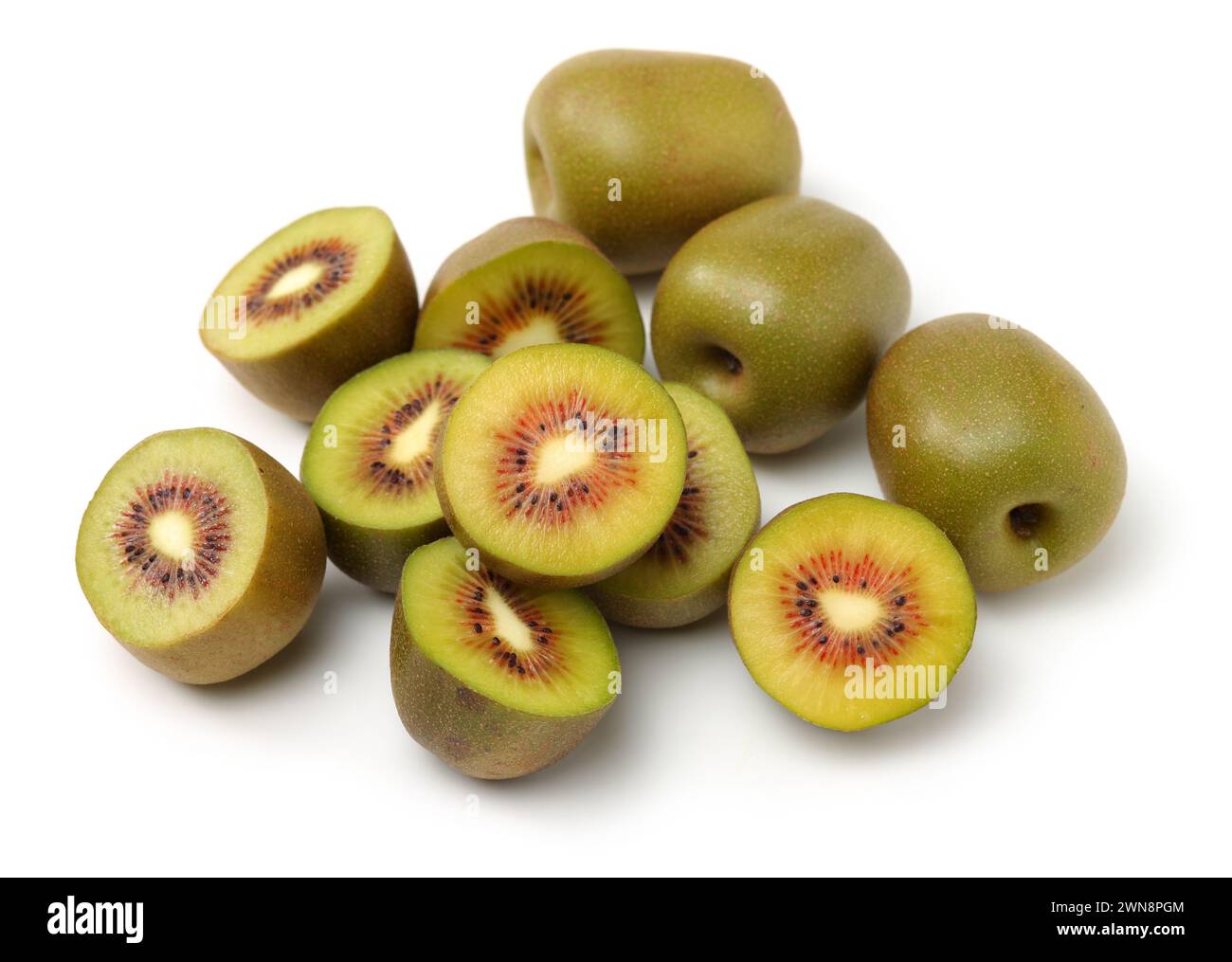Whole kiwi fruit and his sliced segments isolated on white background ...