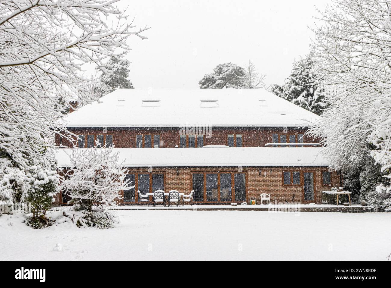 A suburban back garden and leafless trees covered in snow during a ...