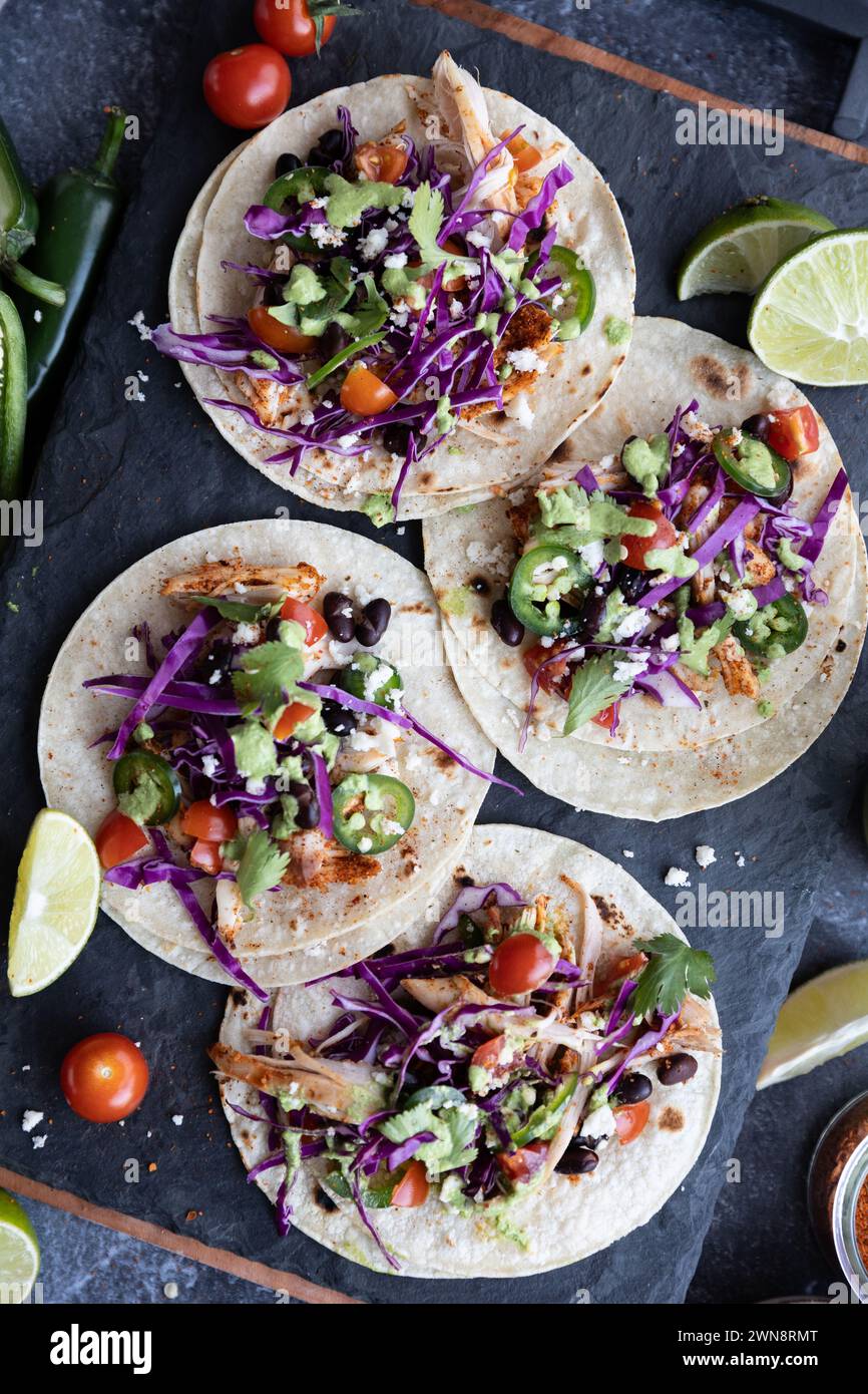 overhead of tacos with colorful ingredients Stock Photo - Alamy