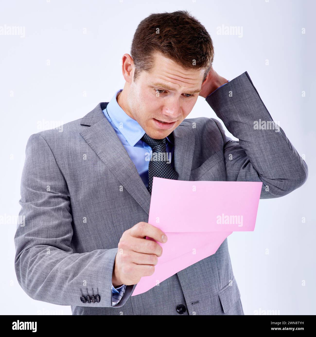 Stressed, businessman and termination letter for work professional ...