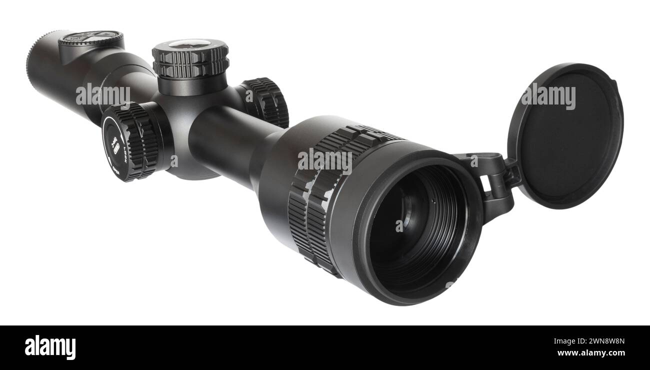 Angled view from the front of a night vision rifle scope that uses ...