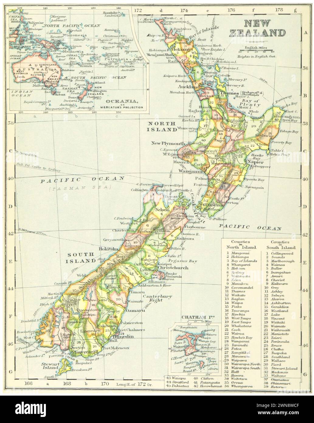 Vintage Map of New Zealand, 1899 by Irvine. Map shows all the counties ...