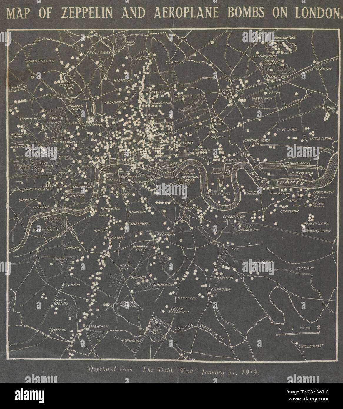 Vintage Map of Zeppelin and Aeroplane Bombs on London during the First ...