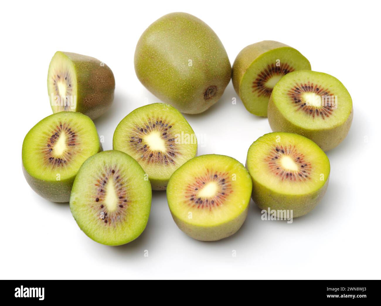 Whole kiwi fruit and his sliced segments isolated on white background ...