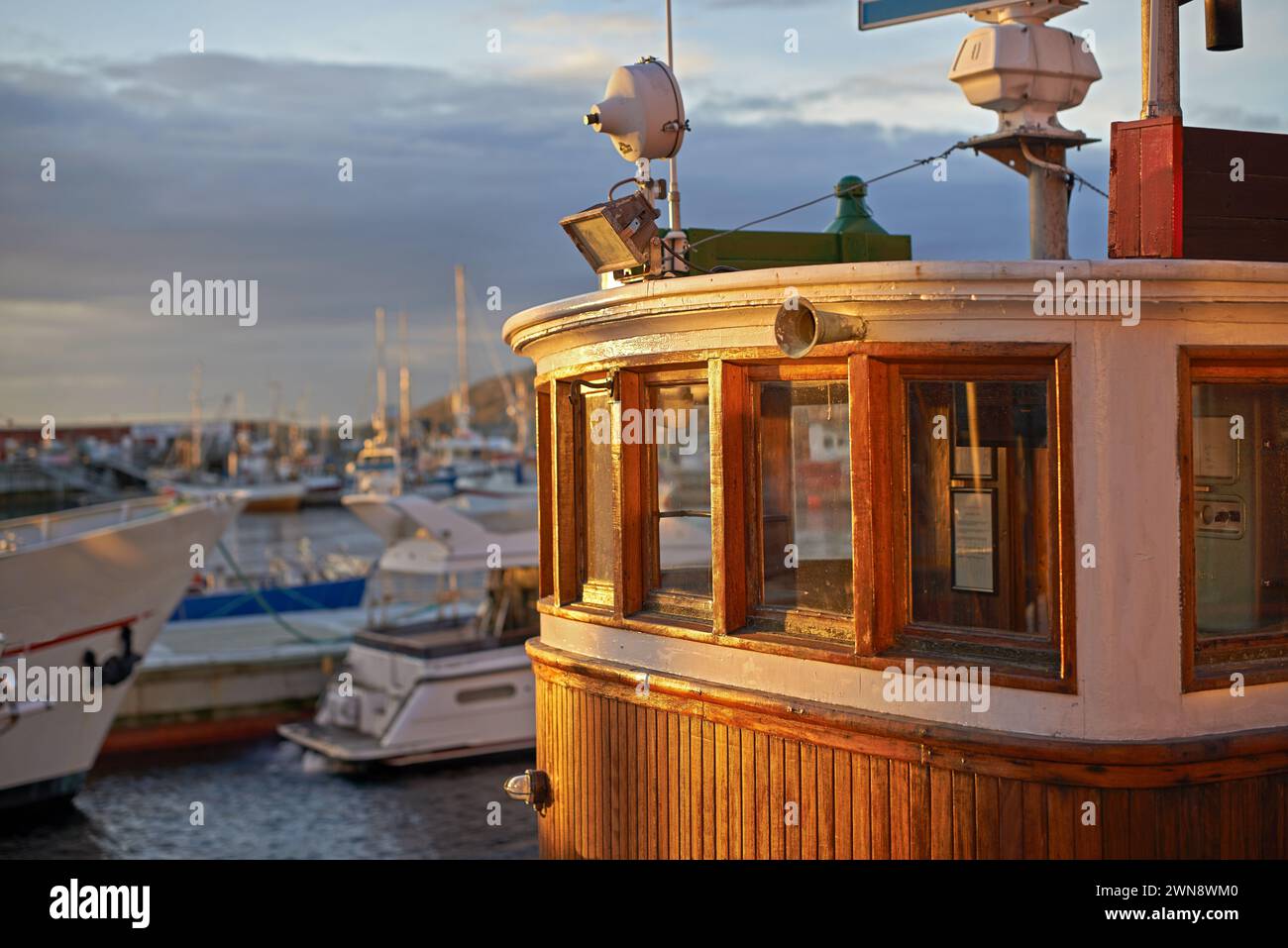 Boat, water and harbor at sea to travel with closeup, windows and ...