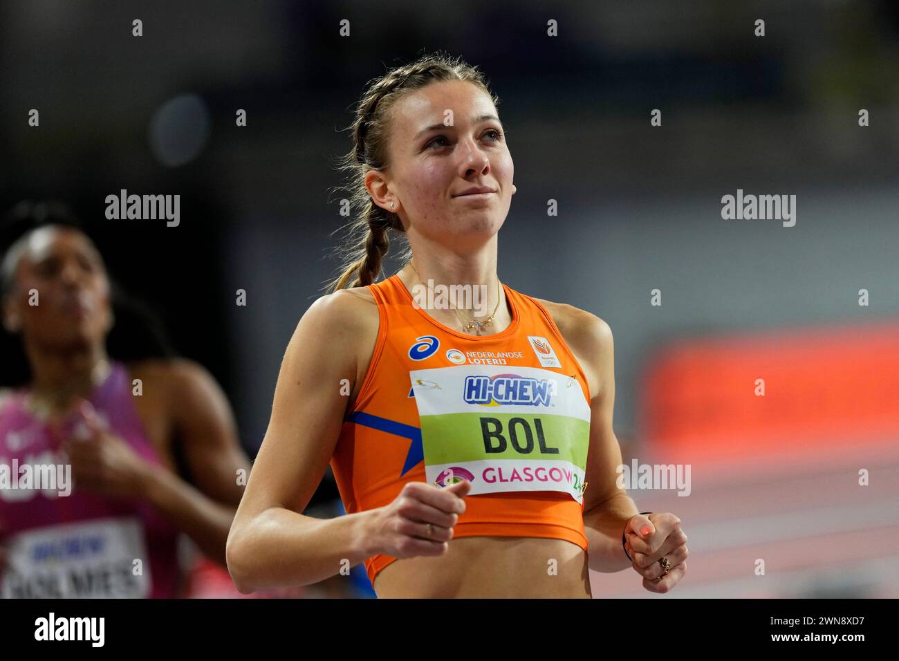 Femke Bol, of the Netherlands, reacts after finishing her women's 400 ...