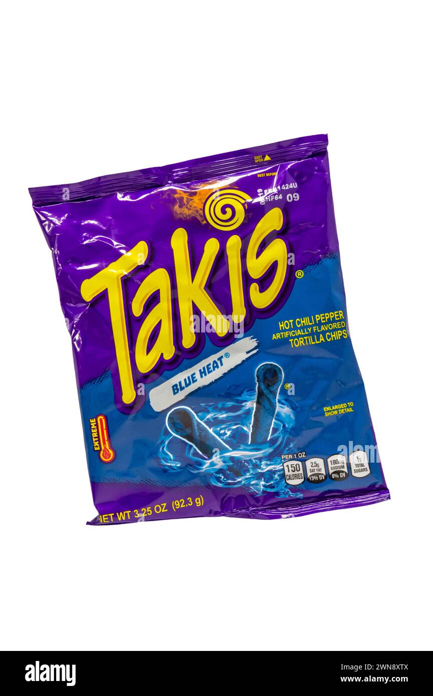 A packet of Takis, rolled tortilla chips. Blue heat hot chili pepper flavour Stock Photo - Alamy