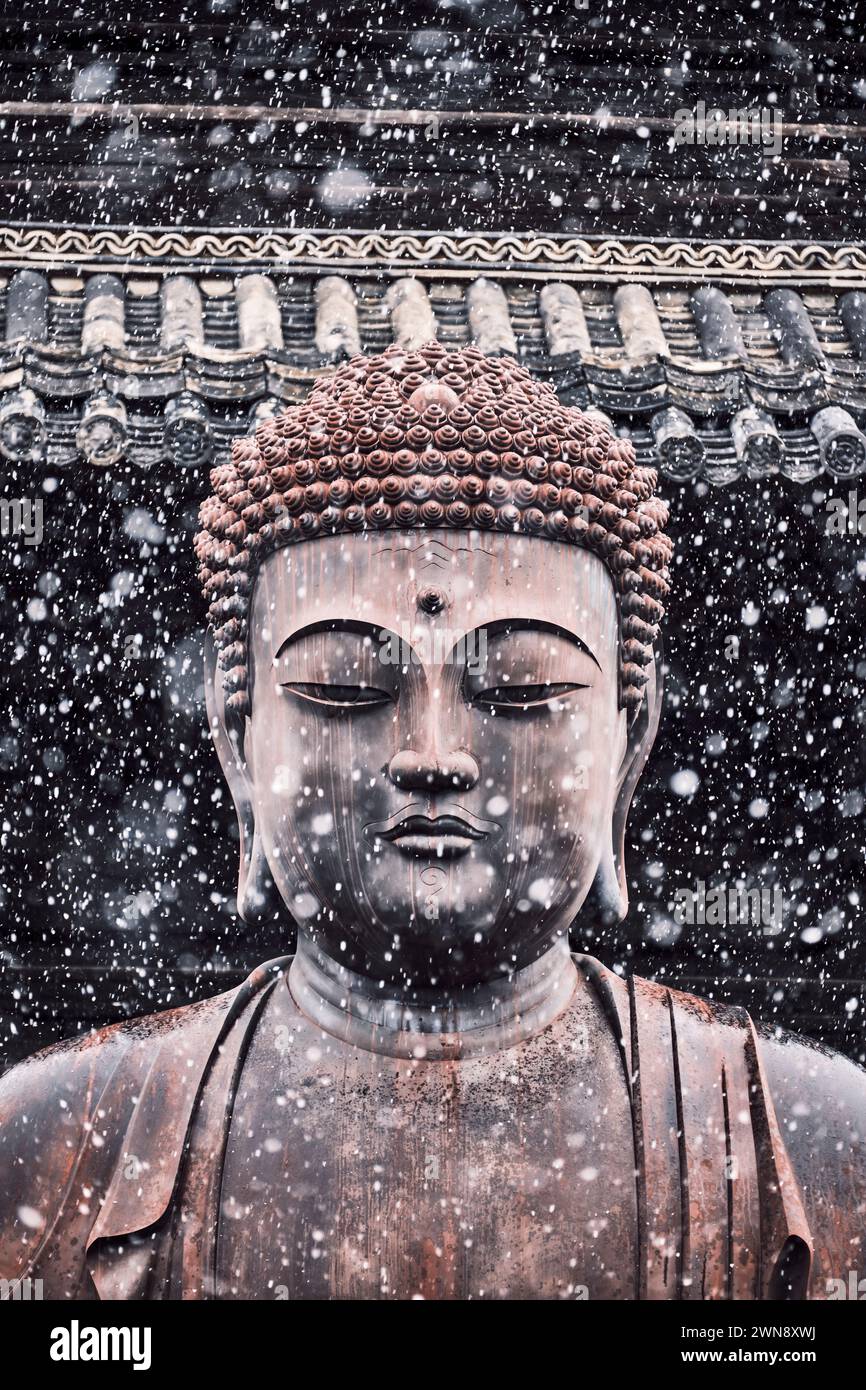 Giant Japanese Buddha seen through falling snow at temple Stock Photo ...