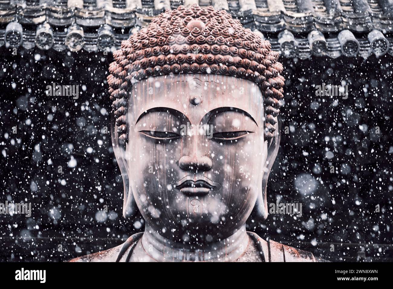 Giant Japanese Buddha seen through falling snow at temple Stock Photo ...